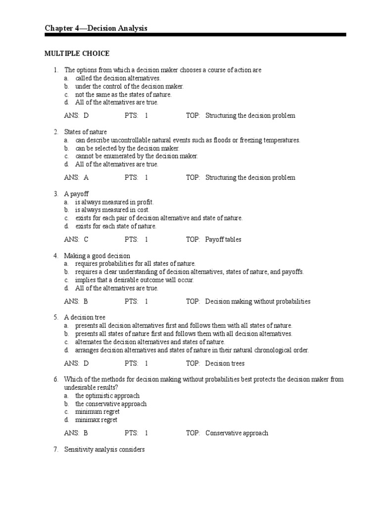 Chapter 4-Decision Analysis: Multiple Choice | PDF | Applied Mathematics | Mathematical And ...
