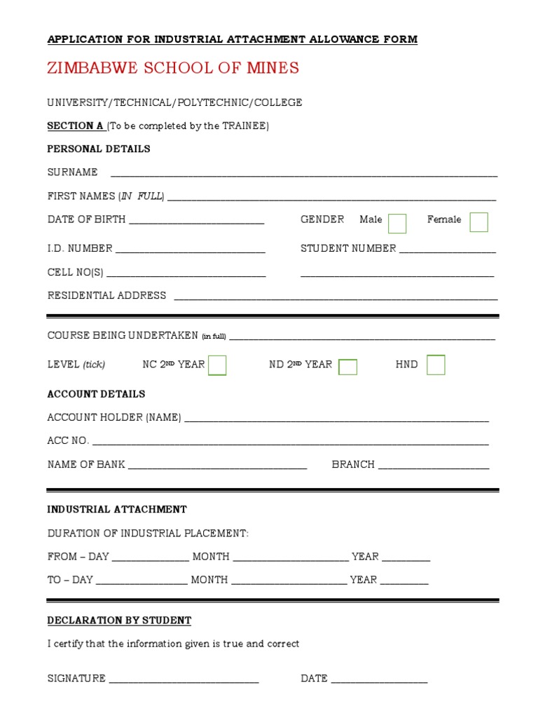 Zimbabwe School of Mines: Application For Industrial Attachment ...