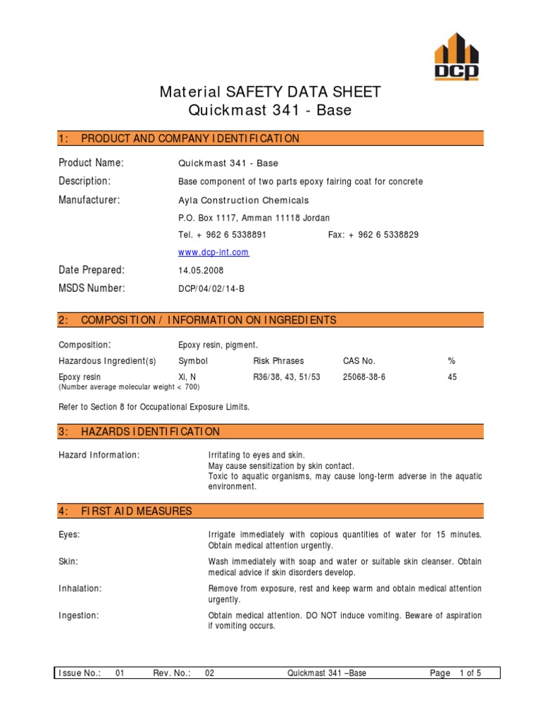 MSDS Quickmast 341-Base | PDF | Toxicity | Epoxy