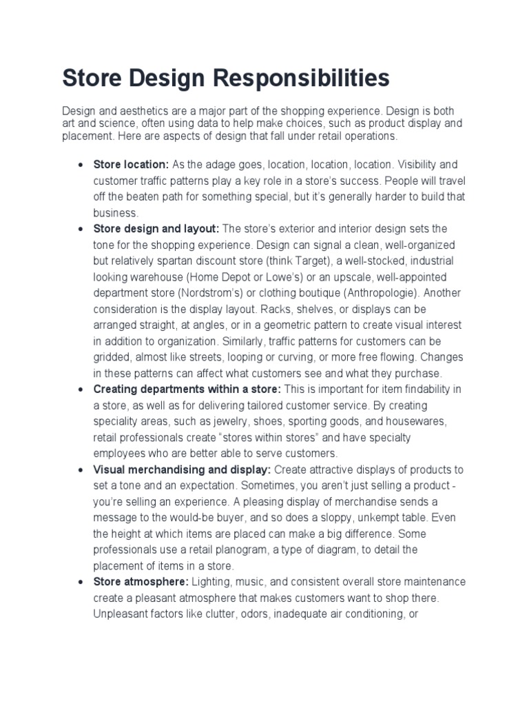Store Design Responsibilities | PDF | Retail | Inventory