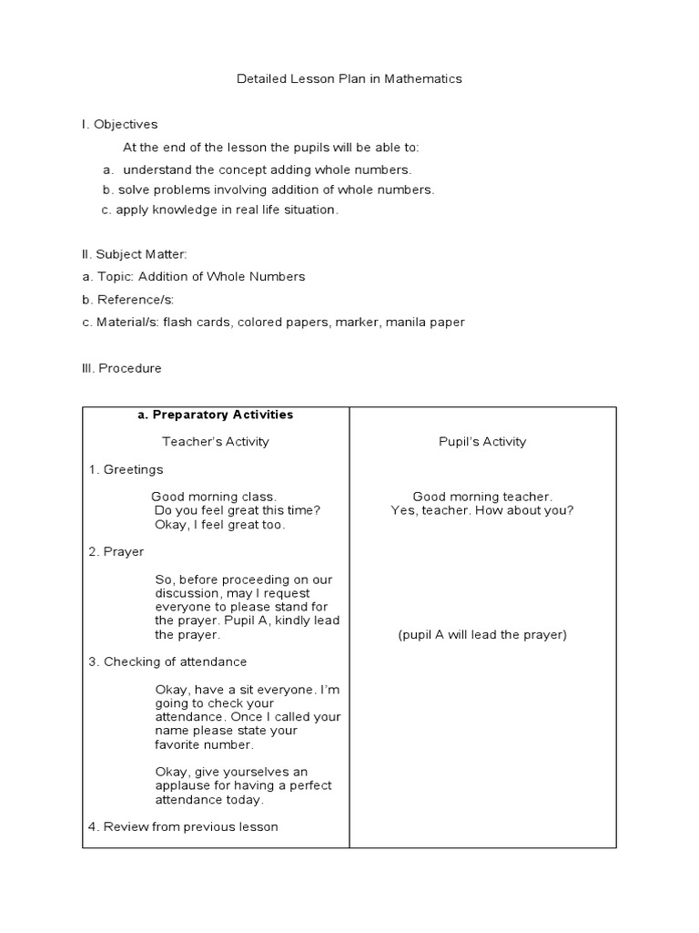 Detailed Lesson Plan in Mathematics Addition of Whole Numbers | PDF ...