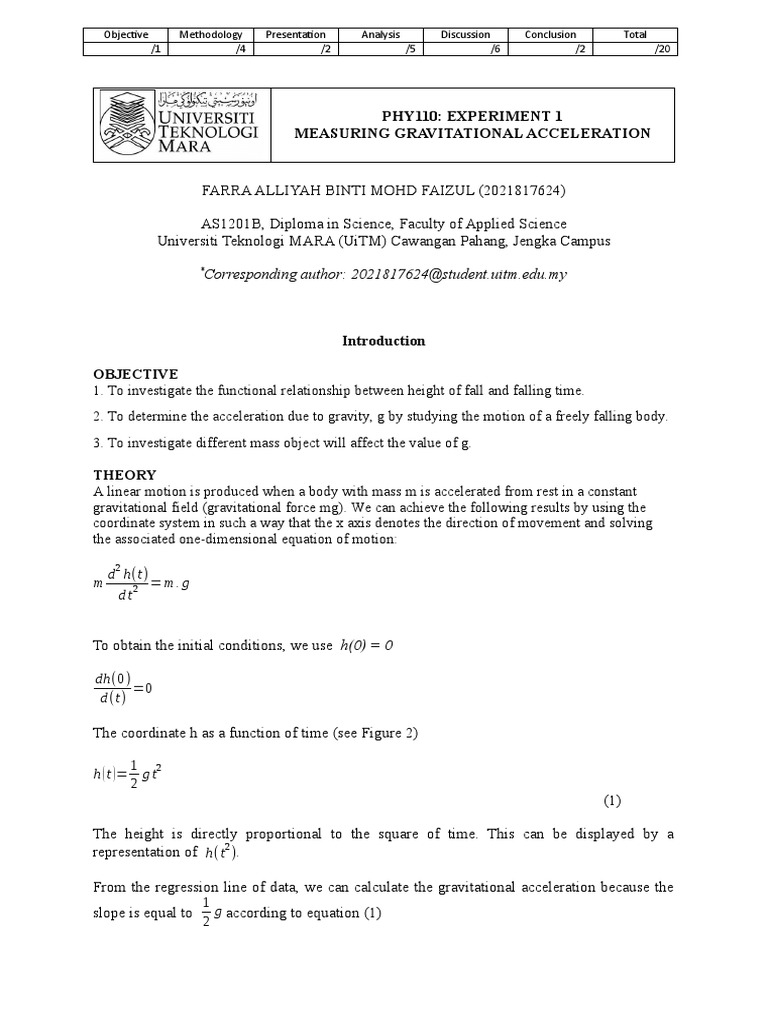 Farra Alliyah Binti Mohd Faizul - As1201b - Phy110 Lab Report 1 | PDF | Gravity | Acceleration