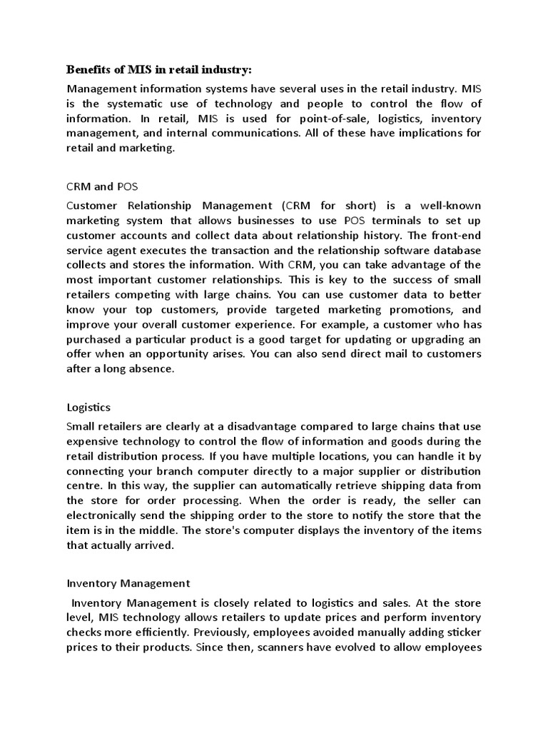 Benefits of MIS in Retail Industry | Download Free PDF | Point Of Sale ...