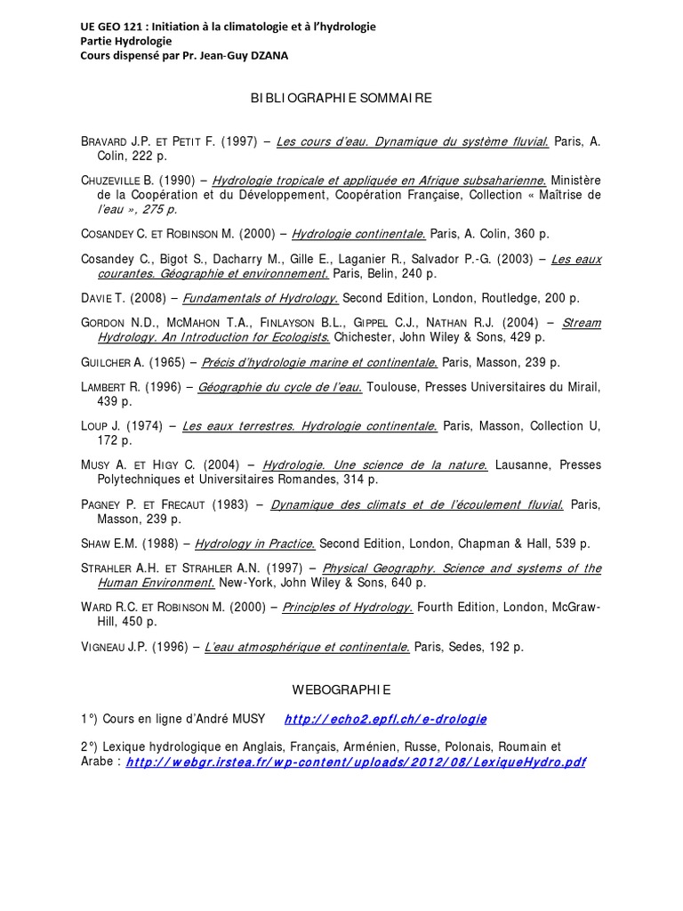 Bibliographie en Hydrologie | PDF