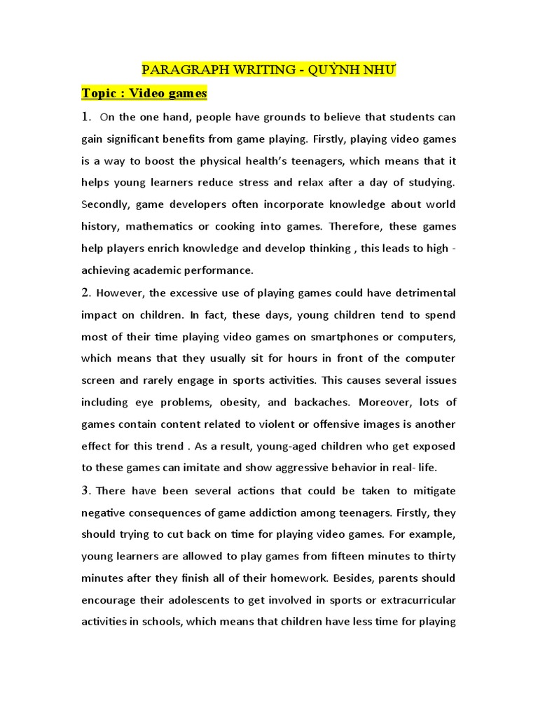 Topic: Video Games: Paragraph Writing - Qu NH Như | PDF | Adolescence ...