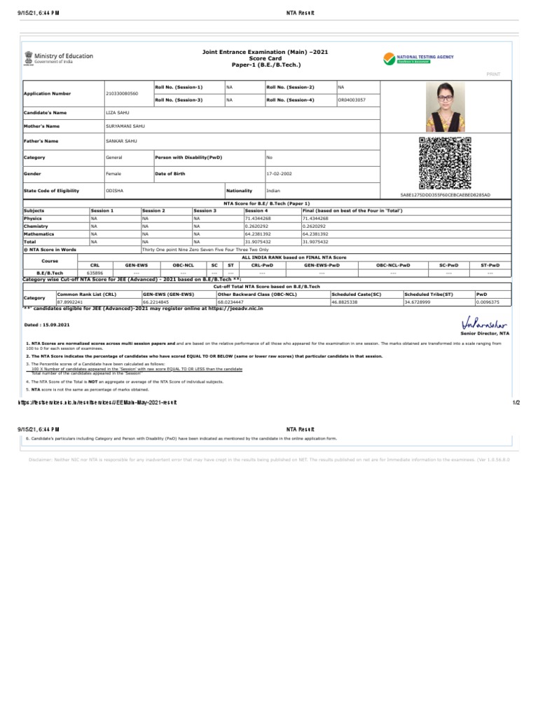 Joint Entrance Examination (Main) - 2021 Score Card Paper-1 (B.E./B ...