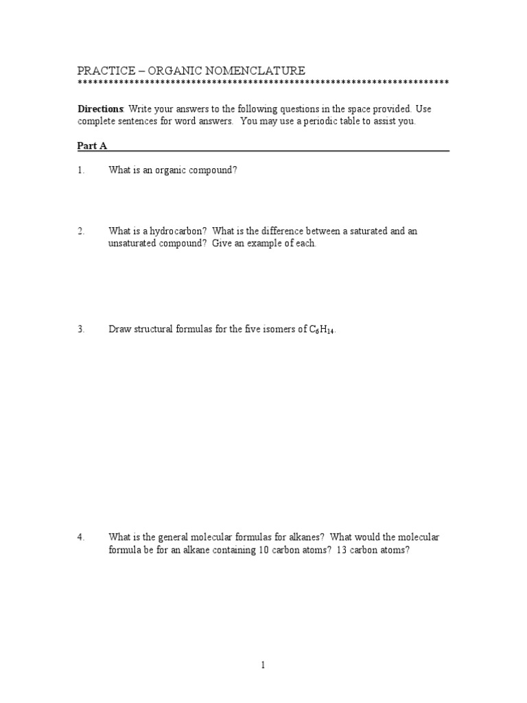 Practice - Organic Nomenclature: Directions: Write Your Answers To The ...