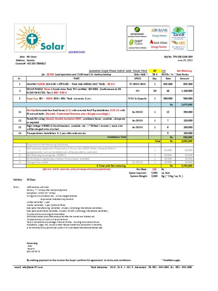 Quotation 30 KW Hybrid - MR Umer | PDF | Solar Power | Power Inverter