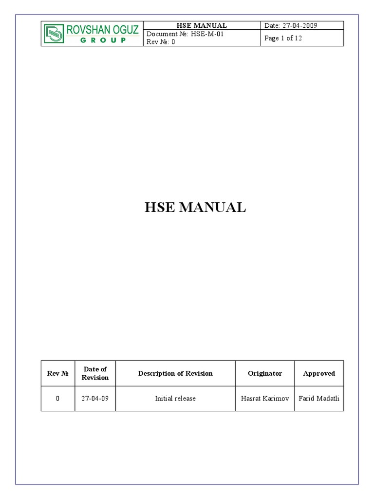 Hse Manual: Date: 27-04-2009 Document : HSE-M-01 Rev : 0 Page 1 of 12 ...