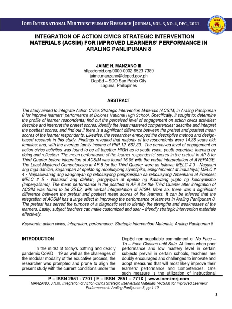 Integration of Action Civics Strategic Intervention Materials (ACSIM ...