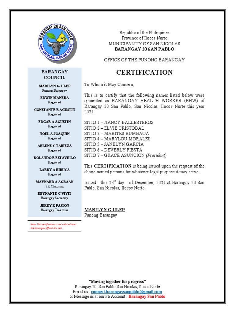BHW Certification | PDF | Philippines