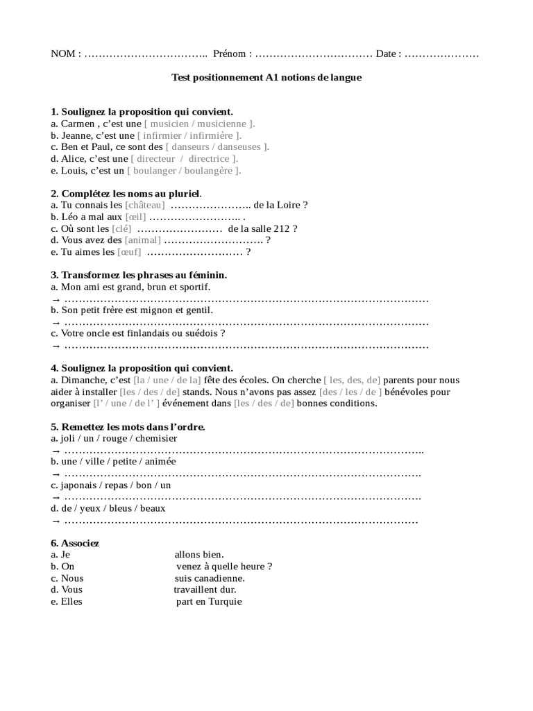 Test Grammaire A1 | PDF | Linguistique
