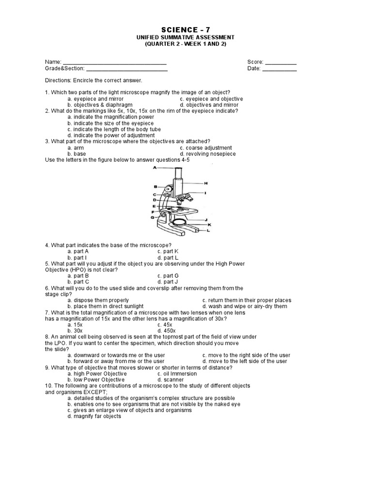 Science - 7: Unified Summative Assessment (Quarter 2 - Week 1 and 2 ...