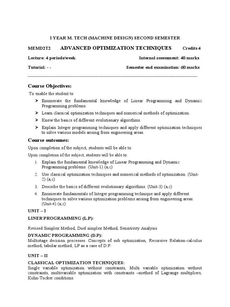 Advanced Optimization Techniques: Upon Completion of The Subject, Students Will Be Able To: 1. 2 ...