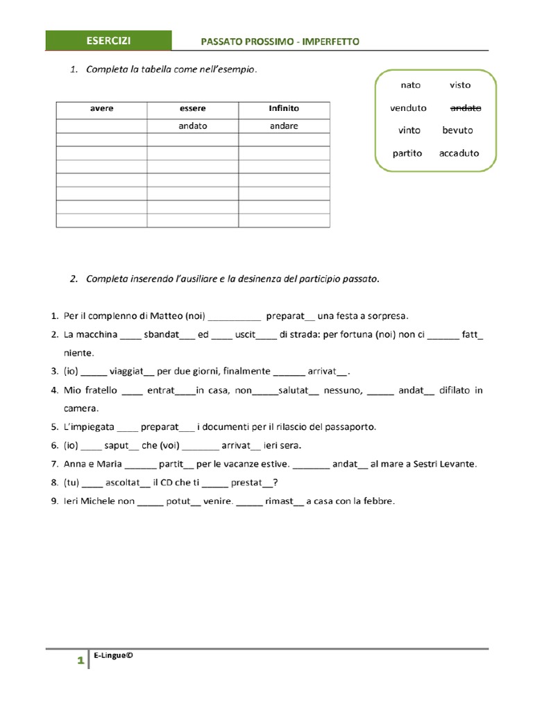 Esercizi PASSATO PROSSIMO Vs IMPERFETTO | PDF