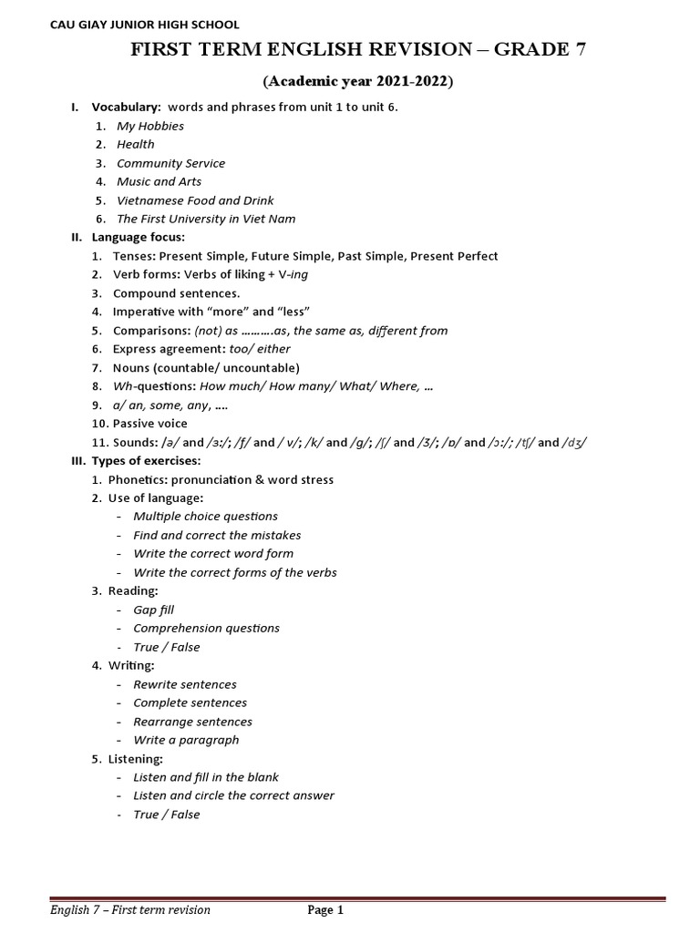 Grade 7 - First Term Revision - 2021-2022 | PDF | English Language | Verb