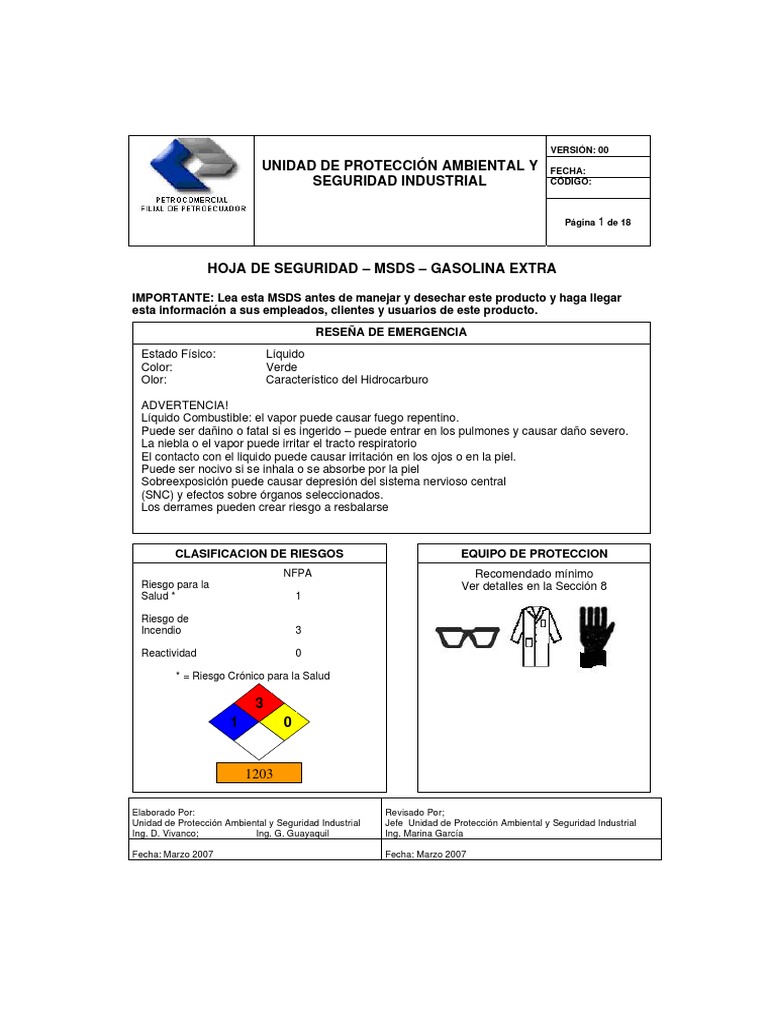 MSDS - Gasolina Extra 12378567 | PDF | Agua | Toxicidad