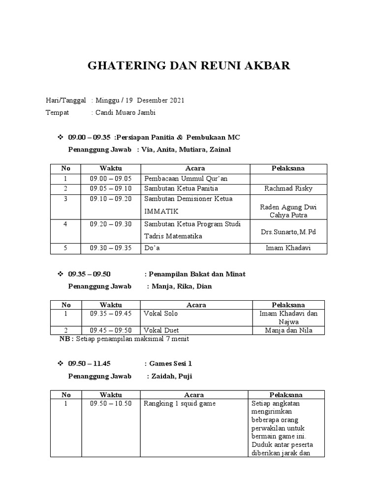 Rundown Acara Ghatering Dan Reuni Akbar | PDF
