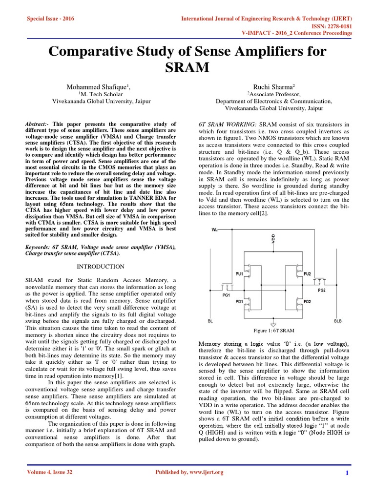 Comparative Study of Sense Amplifiers For Sram IJERTCONV4IS32019 | PDF | Amplifier | Electronic ...