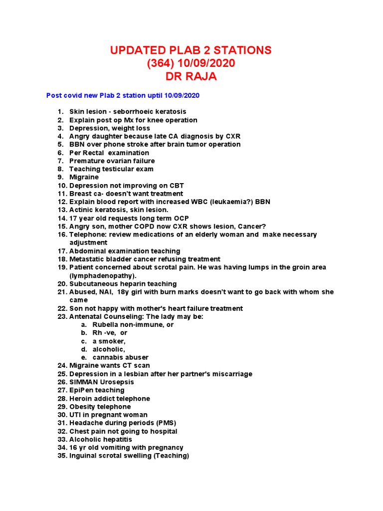 Updated List of All PLAB 2 Stations | PDF | Cancer | Clinical Medicine