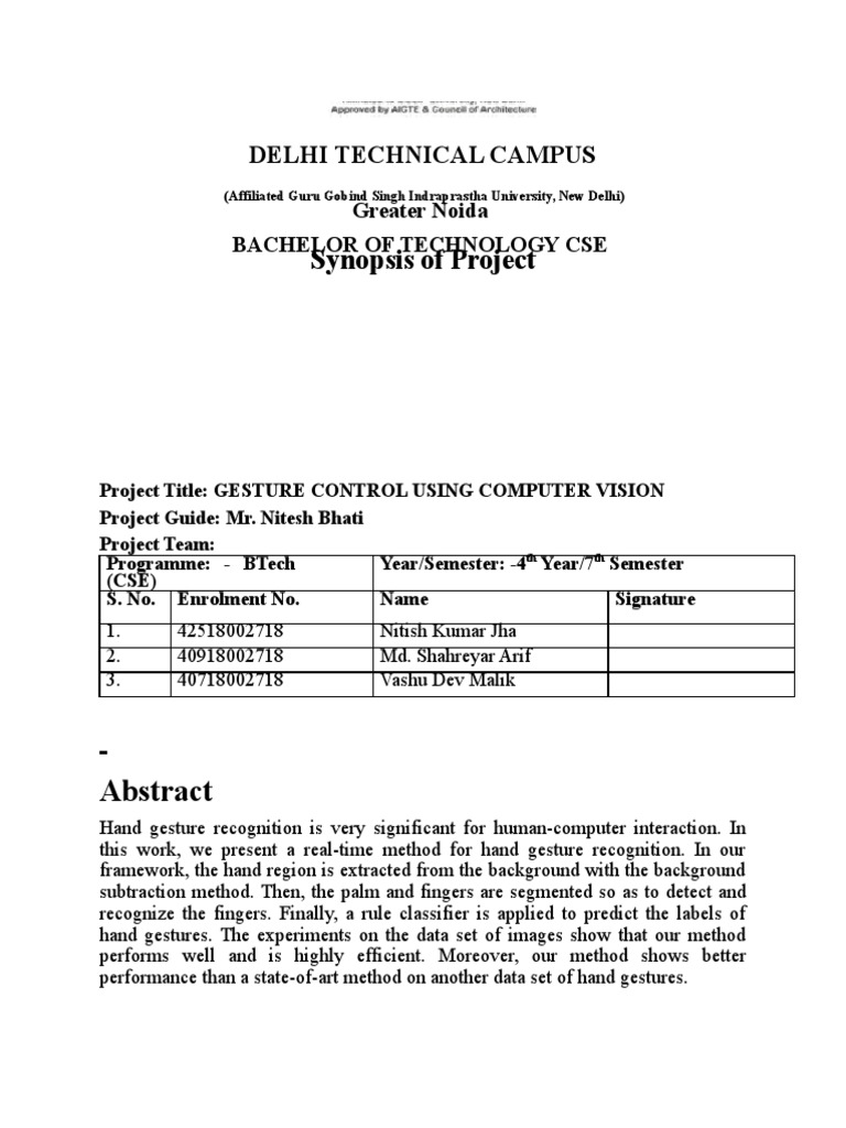 Gesture Volume Control Project Synopsis | PDF | Computing | Computer ...