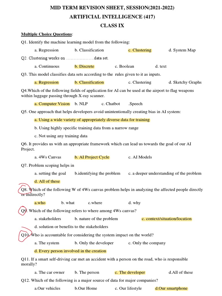 Mid Term Revision Sheet On Artificial Intelligence Multiple Choice Questions Definitions Of 