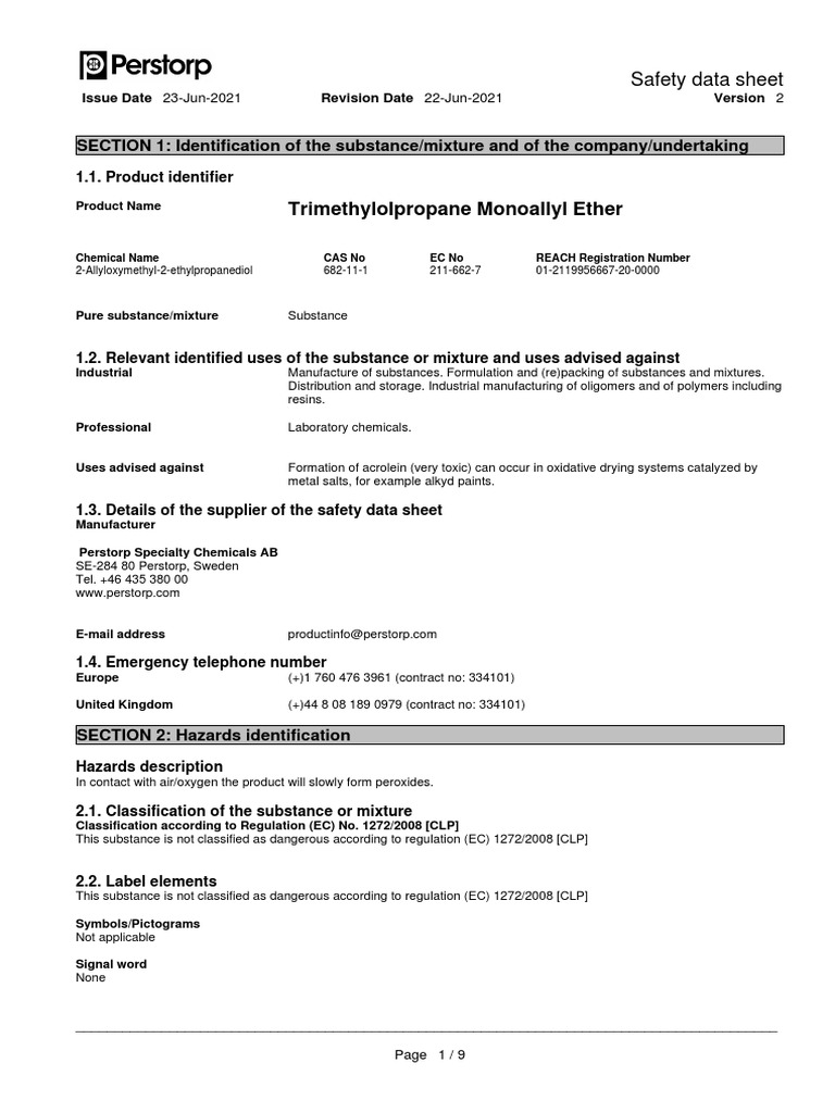 MSDS - Trimethylolpropane Monoallyl Ether - Eng-1763 | PDF | Dangerous ...