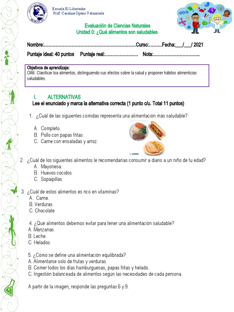 Evaluación de Ciencias Naturales Alimentos | PDF | Alimentos | Vitamina