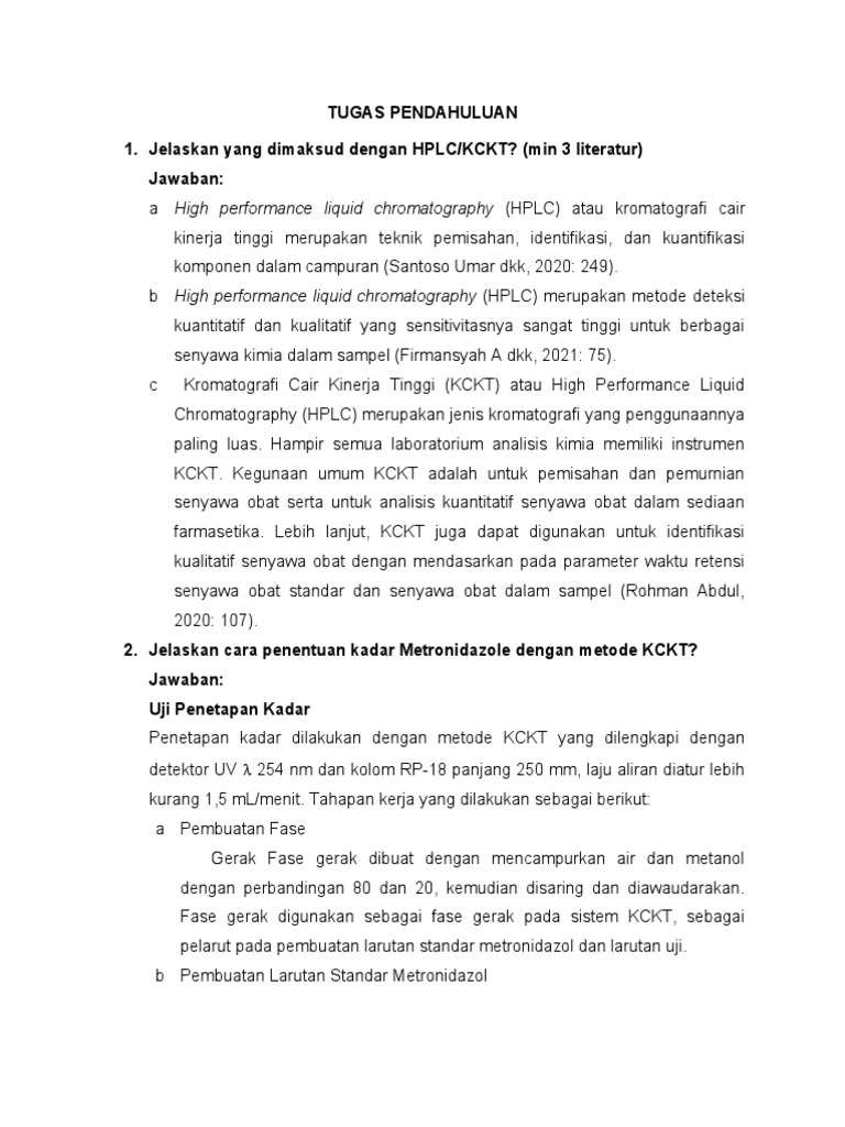 Tugas Pendahuluan Perc. 4 Kadar Metronidazol Menggunakan HPLC | PDF | Metode & Bahan Ajar ...