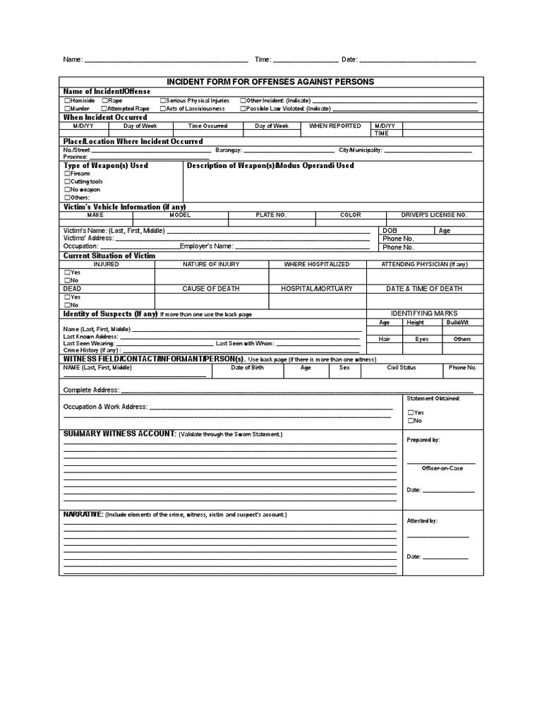 Incident Form For Offenses Against Persons | PDF | Rape | Crime & Violence