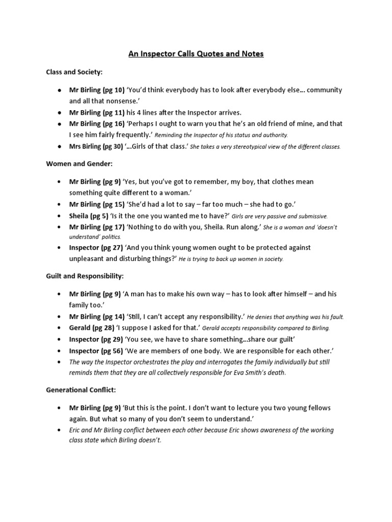 An Inspector Calls Quotes and Notes | PDF | General Fiction