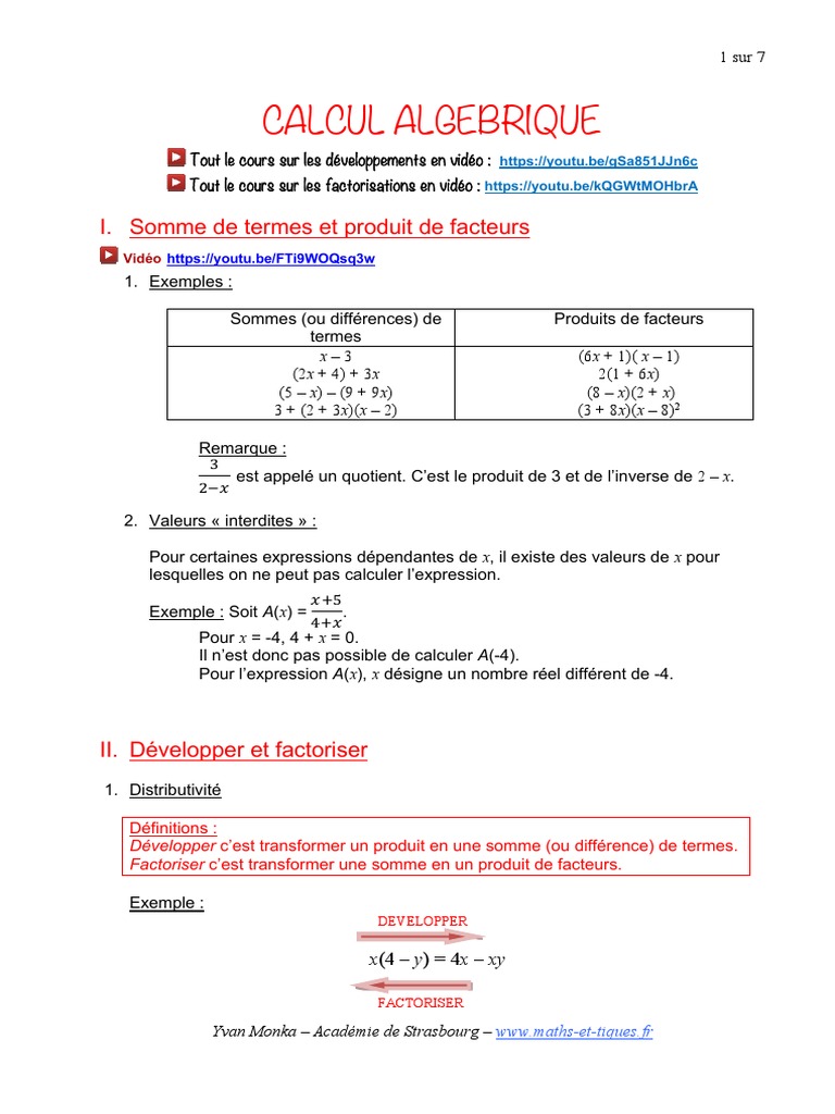 Cours sur la factorisation par Yvan Monka | PDF | Multiplication | Algèbre