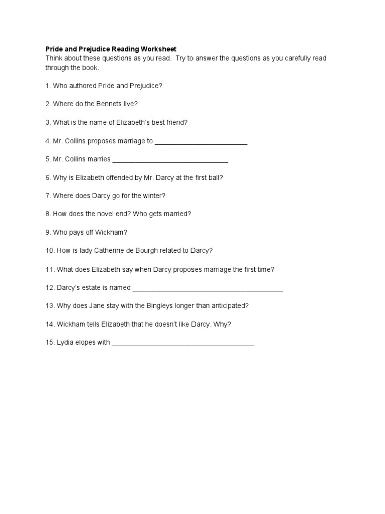 Pride And Prejudice Worksheets