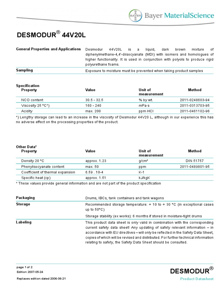 Desmodur 44V20L (описание англ.) | PDF | Viscosity | Water