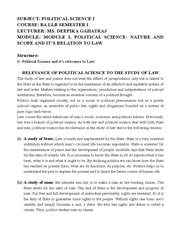 Subject: Political Science I Course: Ba LLB Semester I Lecturer: Ms ...