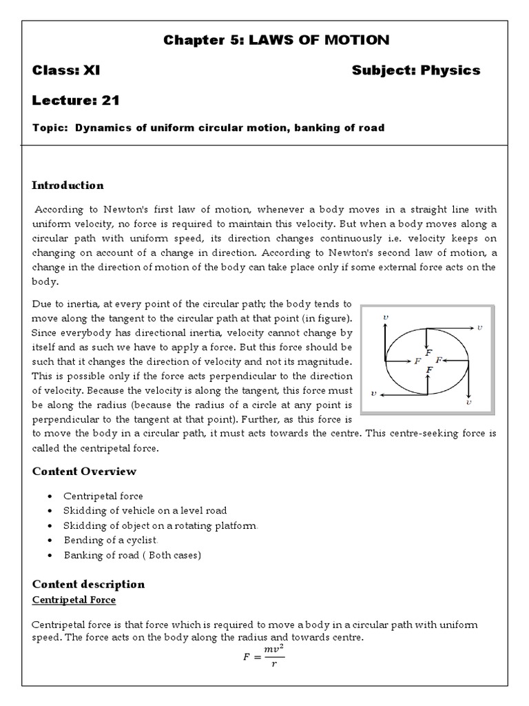 Chapter 5: Laws of Motion Class: XI Subject: Physics: Topic: Dynamics of Uniform Circular Motion ...