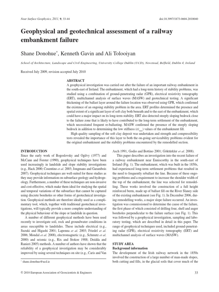 Geophysical and Geotechnical Assessment of A Railway Embankment Failure ...