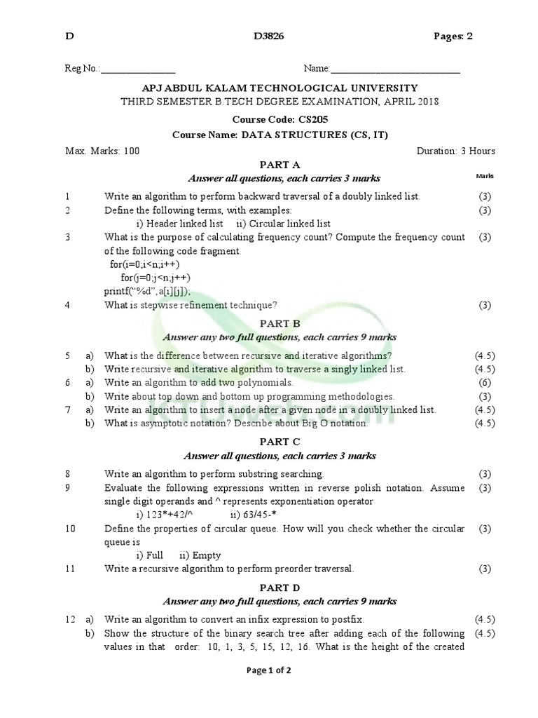 Answer All Questions, Each Carries 3 Marks: Reg No.: - Name | PDF | Array Data Structure ...