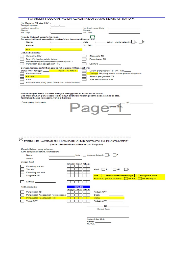 Form Rujukan Untuk Tes Hiv, Diagnosa TB DLL | PDF