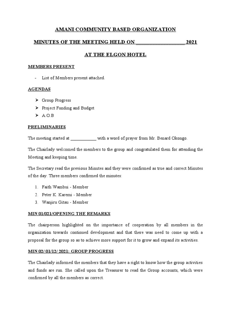 Amani CBO Meeting Minutes Summary | PDF | Human Communication ...