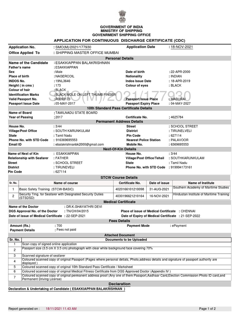 SMO (M) /2021/177930: Application For Continuous Discharge Certificate ...