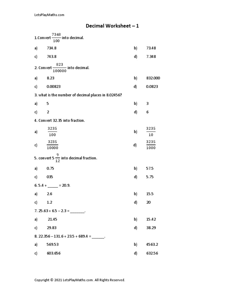 Class 7 Decimals Worksheet 1 | PDF | Numbers | Lexicology