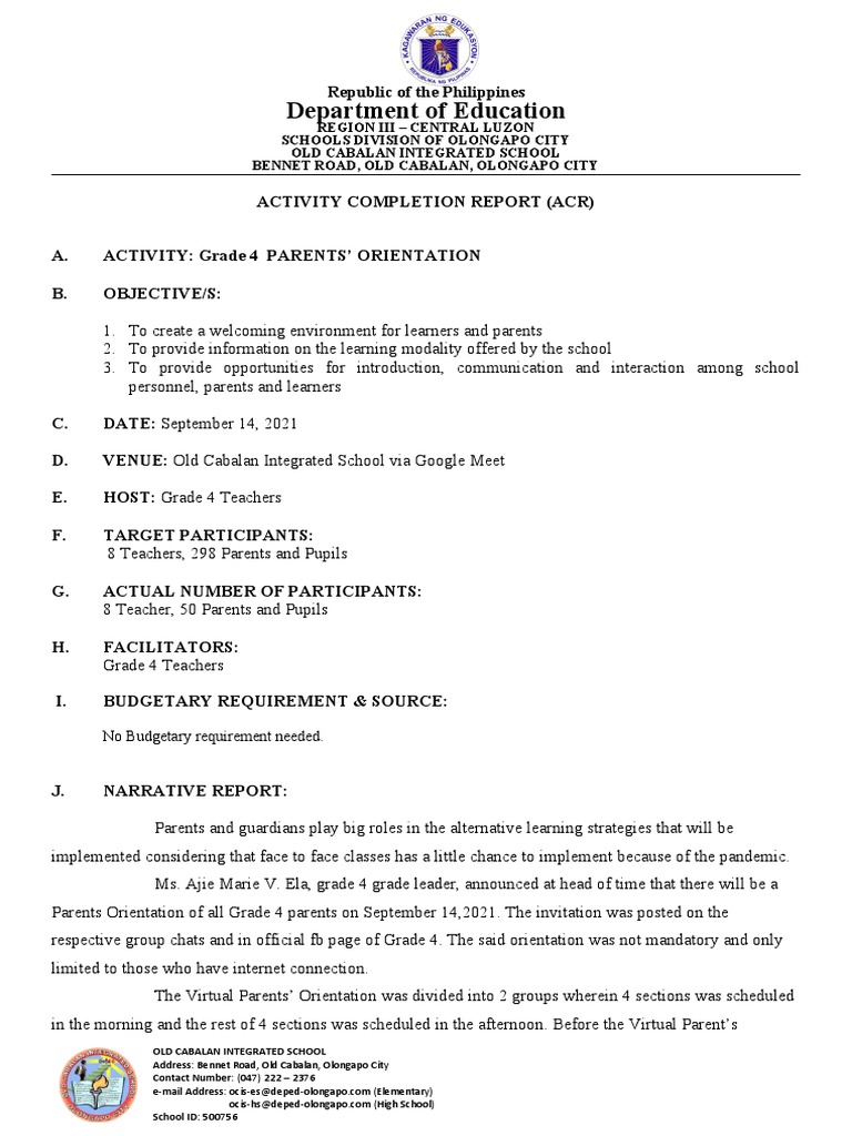 Grade-4 ACR - PARENTS ORIENTATION-2021-2022 | PDF | Teaching | Behavior Modification