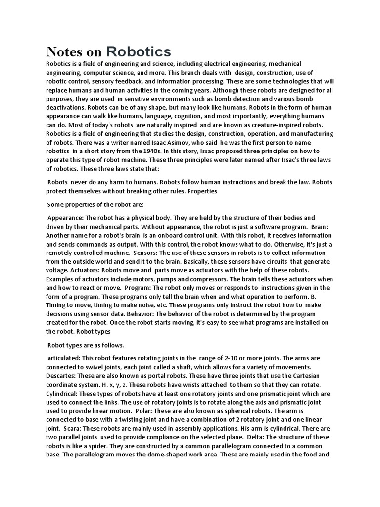 Notes On Robotics | PDF | Robotics | Robot