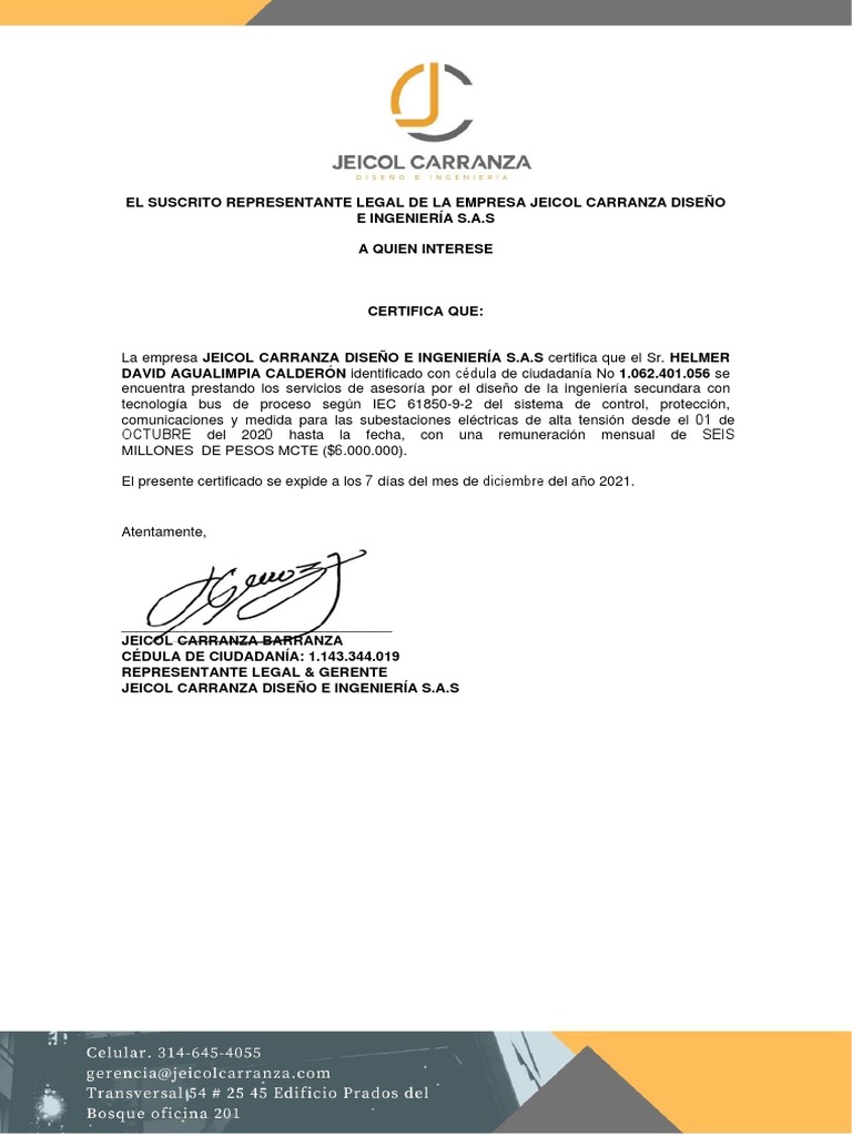 Certificado H. Agualimpia - Jeicol Carranza Diseño e Ingenieria S.A.S ...