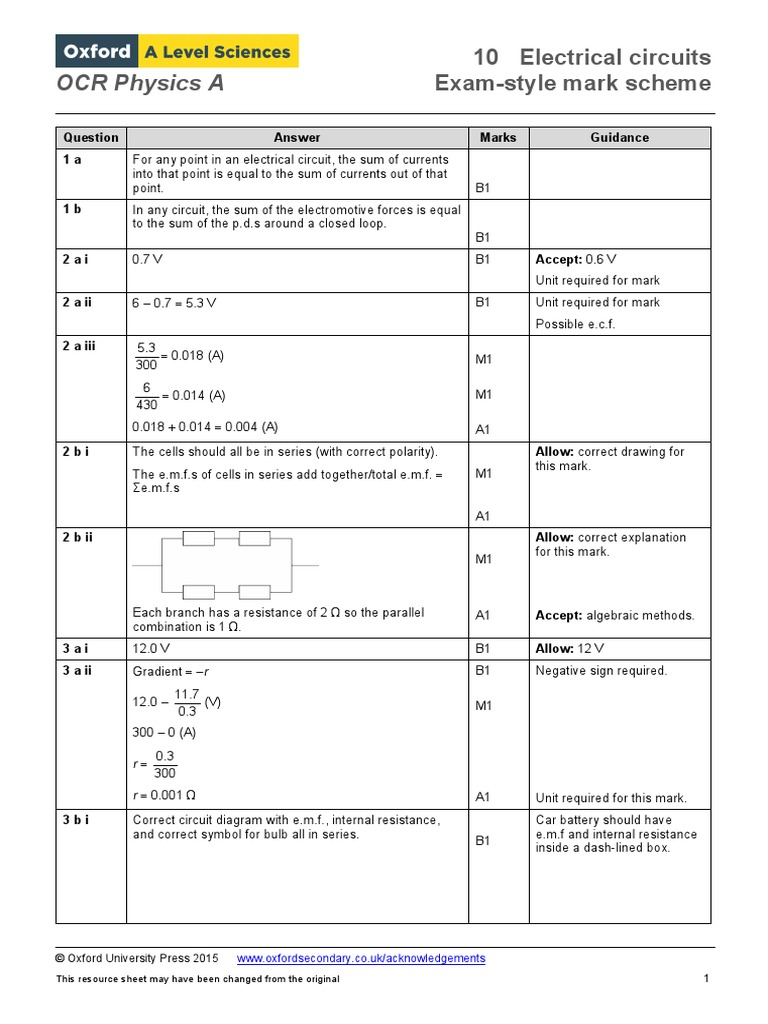 Chapter 10 Test - Mark Scheme | PDF | Series And Parallel Circuits ...