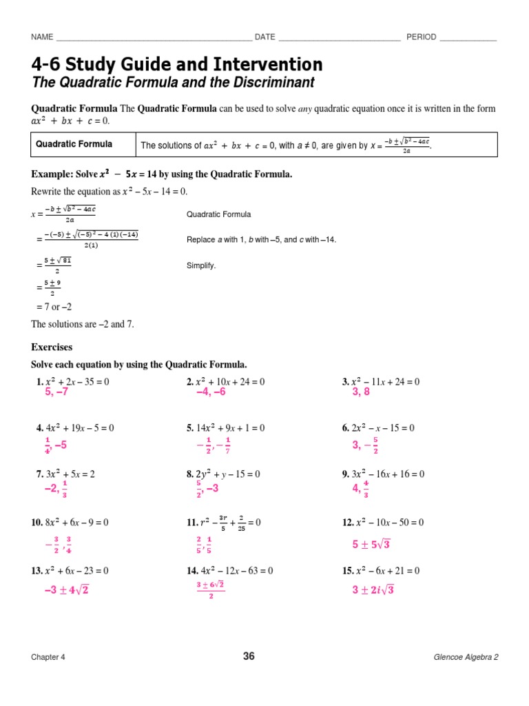 4-6 Study Guide and Intervention: The Quadratic Formula and The ...