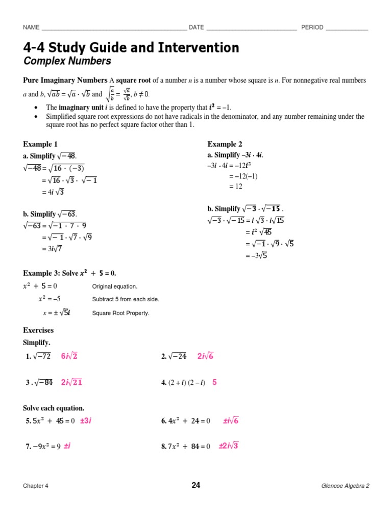 4-4 Study Guide and Intervention: Complex Numbers | PDF | Complex Number | Square Root