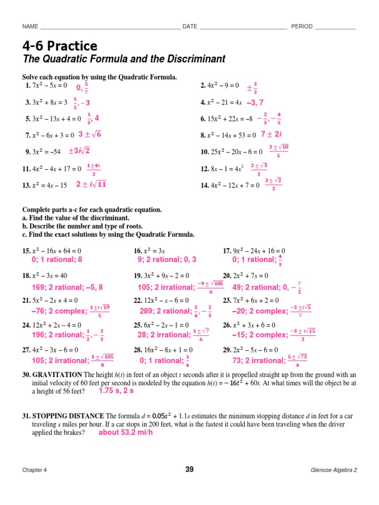 4-6 Practice: The Quadratic Formula and The Discriminant | PDF ...