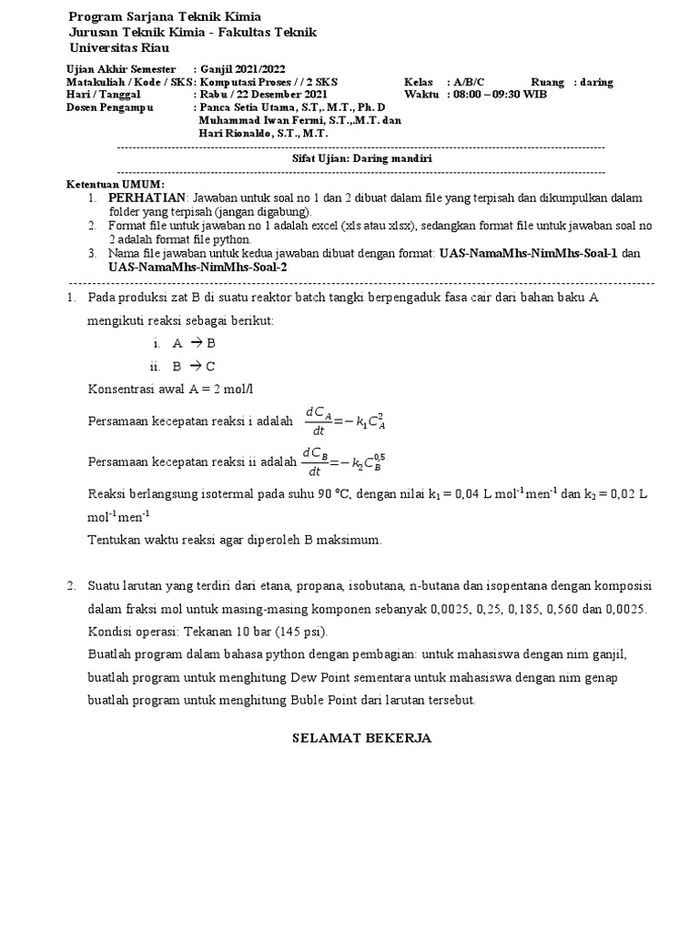 UAS S1 Komputasi Proses 22des2021 | PDF | Teknologi & Rekayasa